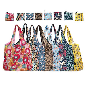 8Pcs Reusable Grocery Bags, 13.78x3.15x18.11" Foldable Floral Grocery Bags 190T Washable Groceries Shopping Tote Bags Sets Large Colorful Folding Reusable Bags with Zipper Fashion Handles Bags Bulk