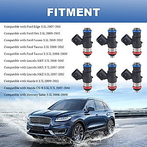 JDMON Fuel Injectors Compatible with Ford Edge Flex Fusion Taurus Lincoln MKT MKX MKZ 2007-2012 Mazda 6 CX-9 2008-2014 3.5L 3.7L Replace 0280158091 84212353 ZZJ1-13-250A Pack of 6