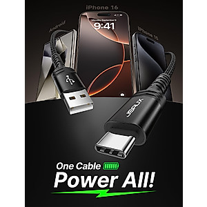 JSAUX USB C Cable [2-Pack 6.6ft], USB A to USB Cord 3.1A Fast Charging Compatible with iPhone 16/16 Plus/16 Pro/16 Pro Max/iPhone 16e/iPhone 15 Series, Samsung S20 S10 S9, Note 20 10, Car Play -Black