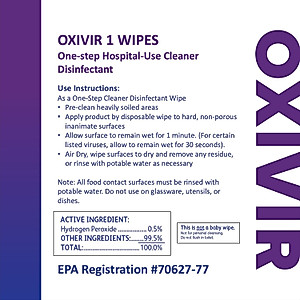 Diversey Oxivir 1 100962573 Disinfectant Wipes, Virucidal, Bactericidal, Tuberculocidal, Fungicide with Accelerated Hydrogen Peroxide, 60 Large 10"x10" Wipes, 1-Canister