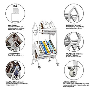 VEDECASA Bookshelf Book Cart Rack Industrial Metal Bookcase 2 Tier Holder with Wheels Modern Stylish Design Magazines Files Album Recipe Book Storage Organizer for Sofa End Bed Beside