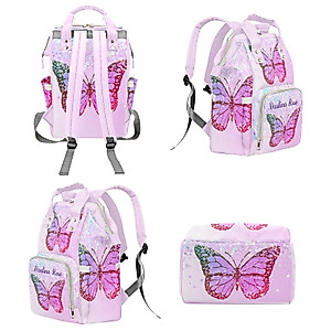 Purple Butterfly Girl Personalized Diaper Backpack with Name,Custom Travel DayPack for Nappy Mommy Nursing Baby Bag One Size