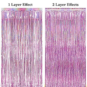 4 Pack Pink Tinsel Curtain Metallic-12.8x8.2 Feet, Slmeno Glitter Pink Fringe Curtain, Pink Party Curtain, Pink Tinsel Backdrop, Pink Streamer Backdrop, Pink Foil Fringe Curtain, Pink Glitter Backdrop