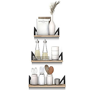 Halter Wall Book Shelves for Bedroom, Small Wall Shelf, Mounted Floating Wall Shelving, Hanging Shelves with Angle Brackets, Wall Shelves for Bedroom, Bathroom, Kitchen, Light Brown,Set of 3