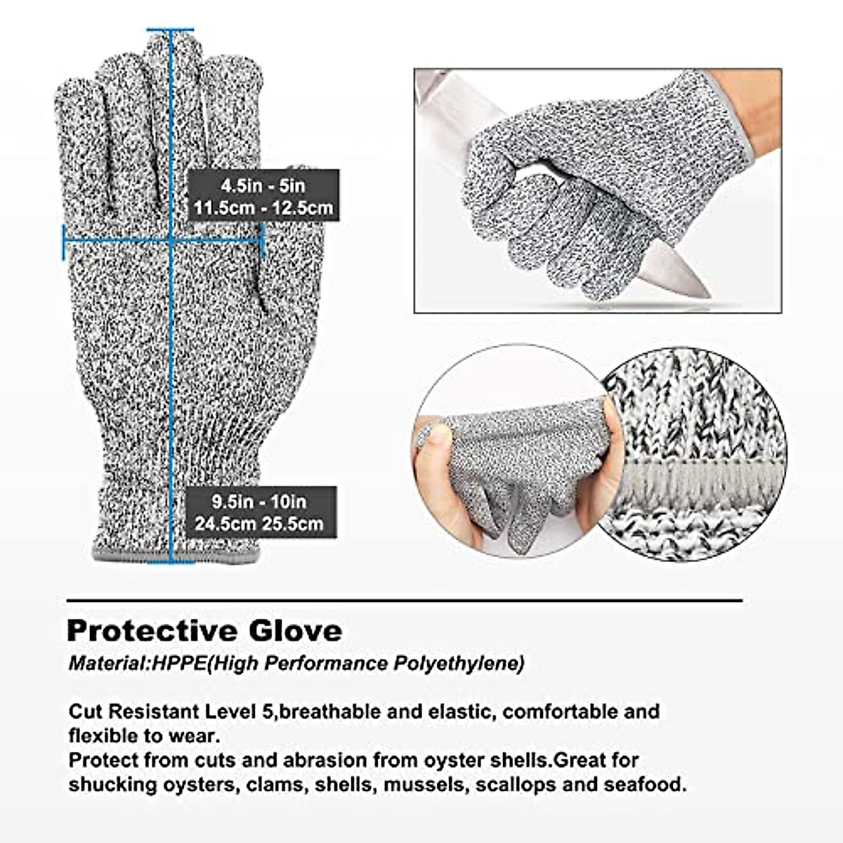 ROEDEER Oyster/Clam Knife Shucker Set,Oyster Shucking Knifes(3.7"+2.4") and Cut Resistant Level 5 Gloves,Perfect Seafood Opener Tools Kit(2knifes+1Glove+1Brush)