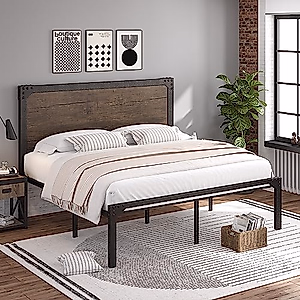WEEWAY Queen Size Metal Platform Bed Frame with Wood Headboard, Industrial Rivets Design, Large Under Bed Storage, Mattress Foundation, No Box Spring Needed, Brown