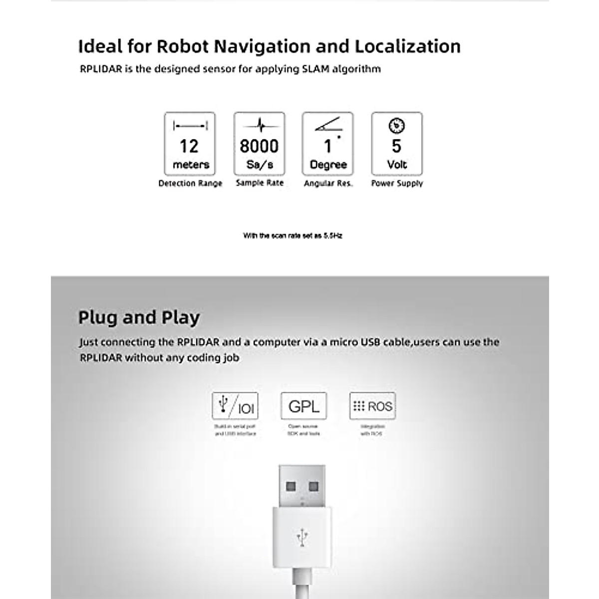 youyeetoo RPLIDAR A2M12 360 Degree Lidar Scanner 12Meter(39ft) Measuring Distance, 16000 Hz Sampling Frequency Compatible with A2 Previous SDK
