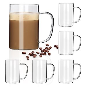 Trwcrt 15 oz Glass Coffee Mug Set of 6, Clear Coffee Mugs with Handle for Hot Beverages, Large Wide Mouth Glass Cup for Latte, Cappuccino, Hot Chocolate, Tea and Juice