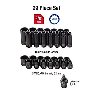 Sunex 3330, 3/8" Drive Master Impact Socket Set, 12 Pt., 29Piece, Metric, 8mm-22mm, Standard/Deep, Cr-Mo Steel, Heavy Duty Storage Case, Includes Universal Joint