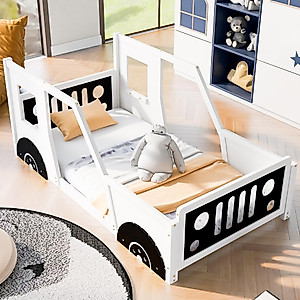 Floor Bed Twin Size Car-Shaped Platform Bed with Wheels, Montessori Bed Frame with Fence and Door, Solid Wood Twin Bed Frame, Slats Included, No Box Spring Needed (Twin Size, White)