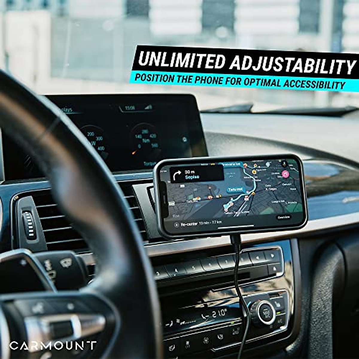 CarMount X1 Wireless Charging Mount 2.0 iPhone 12/13/14 Holder with Vent, Dashboard and Windshield Attachment; Up to 15W Fast Charge, Adjustable Easy Access 360° Rotation