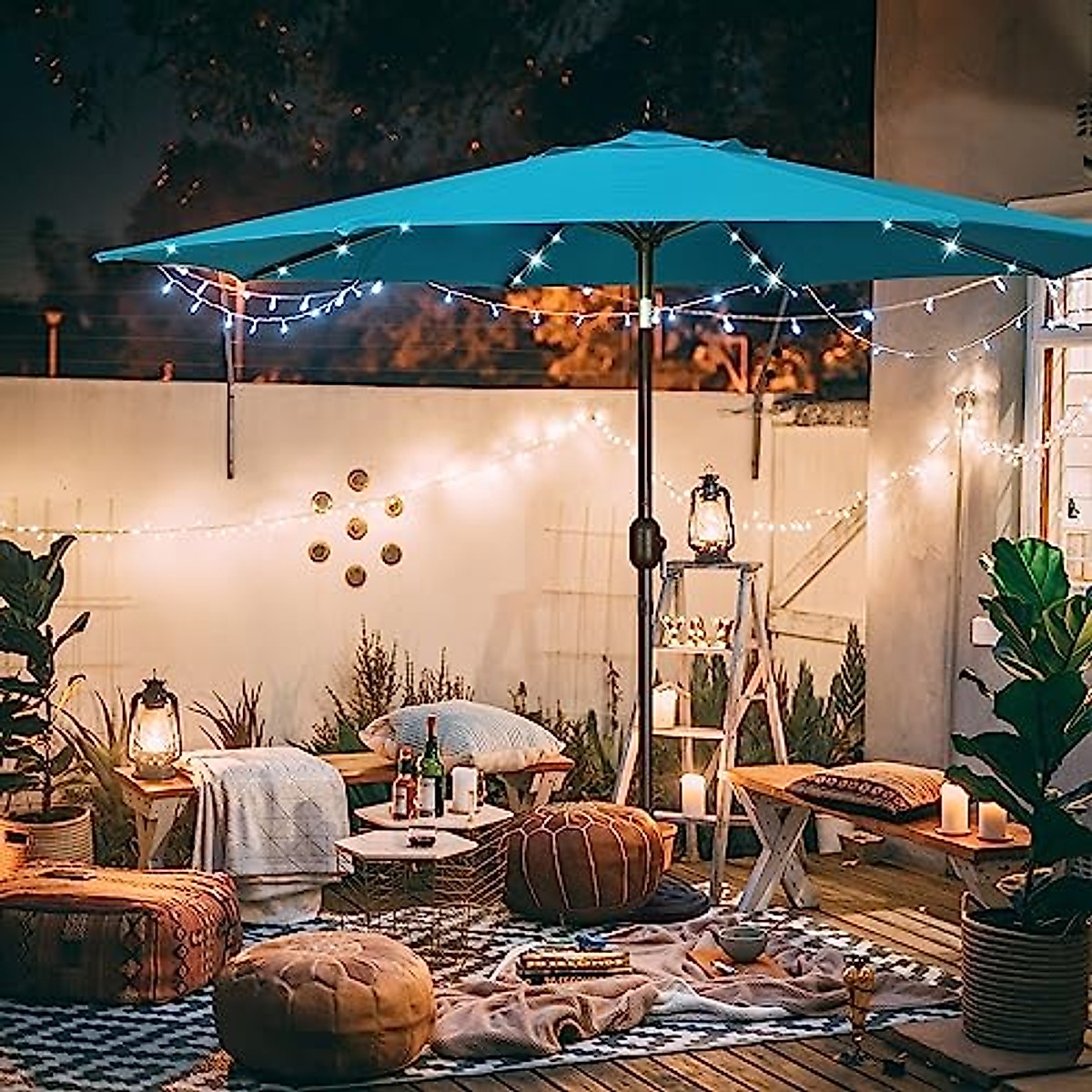 Blissun 9 ft Solar Umbrella 32 LED Lighted Patio Umbrella Table Market Umbrella with Tilt and Crank Outdoor Umbrella for Garden, Deck, Backyard, Pool and Beach (Cerulean)