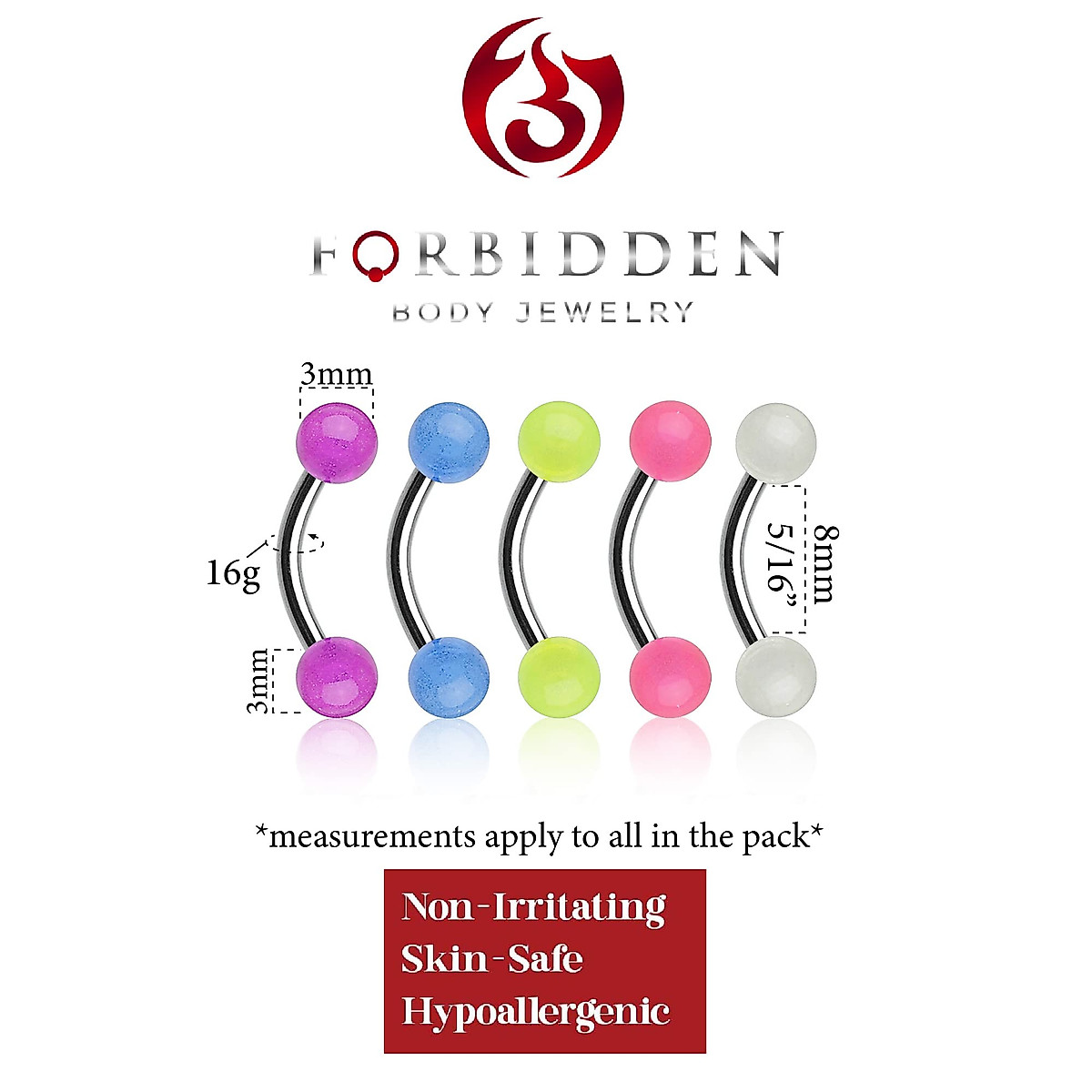 Forbidden Body Jewelry 16G (8mm) Surgical Steel Curved Barbells for Eyebrow/Rook/Daith Piercing and More (5-Pack of Glow-in-the-Dark)