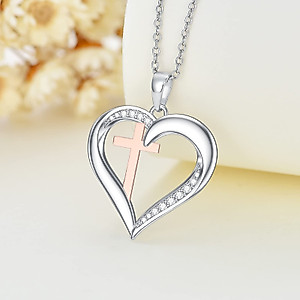 CTIEIP 1/10 Cttw Natural Diamond Heart Cross Pendant Necklace for Women 925 Sterling Silver Diamond Heart Jewelry Gift for Her