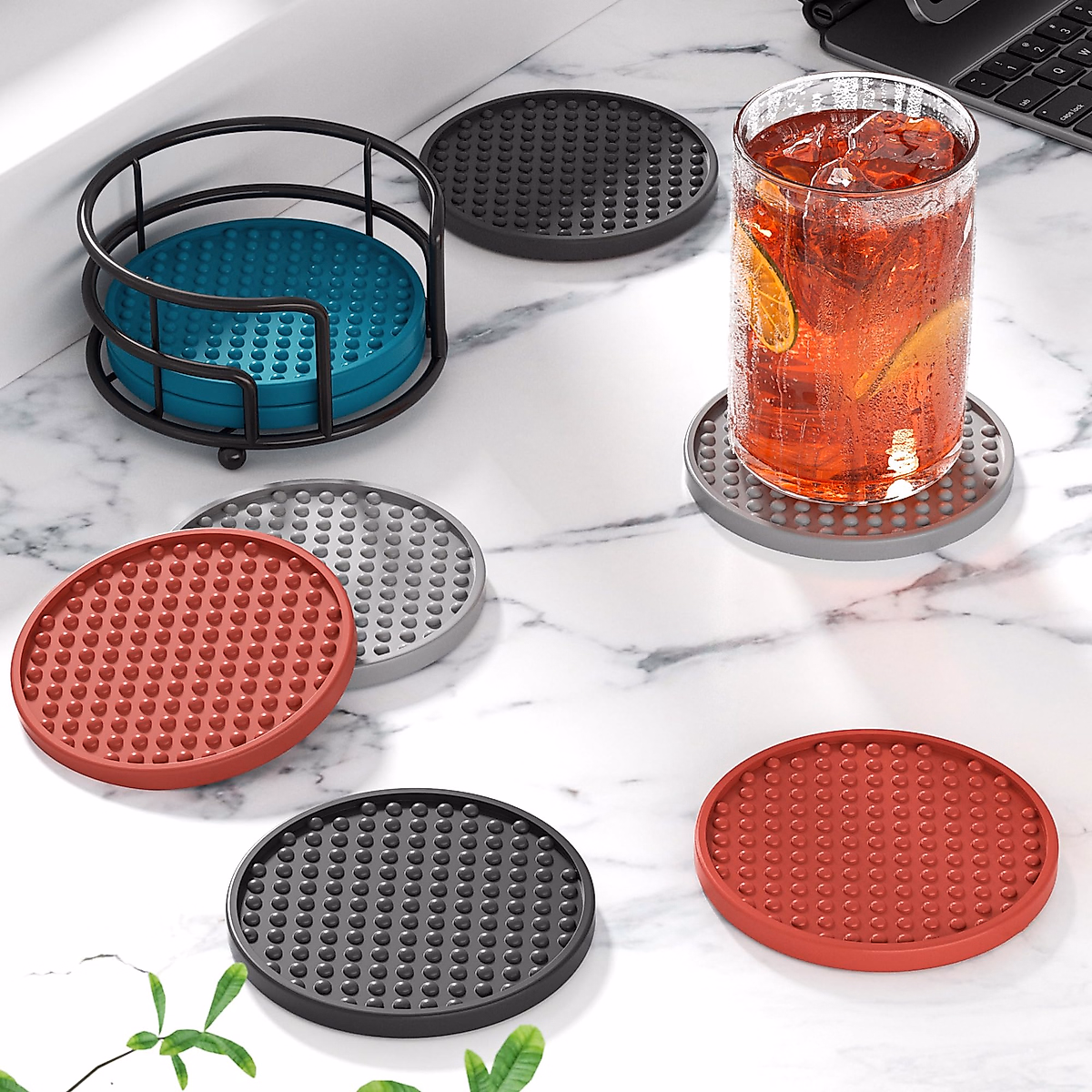 HFHOME Drink Coasters, 6 Pack Silicone Coasters Set with Holder, Coasters for Drinks for Coffee Table, Table Cup Mat Desk Coaster for Drinks, Bar Coasters for Home Decor Tabletop Protection - Gray