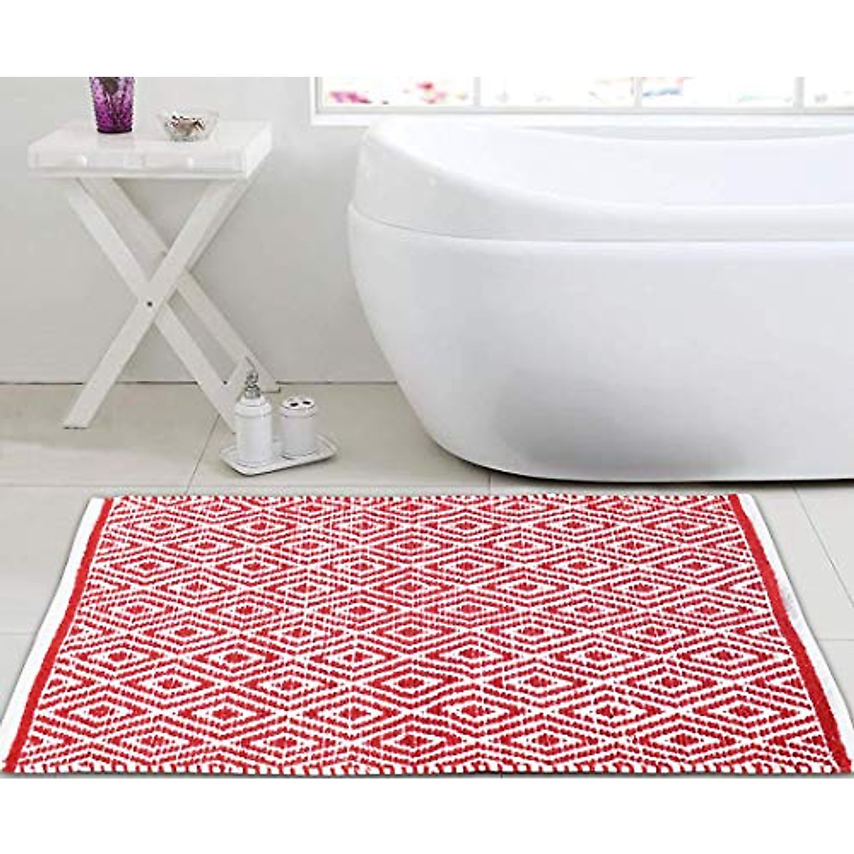 Ramanta Home 100% Cotton Diamond Rug 21x34 Hand Woven Reversible Washable Rug - Red,Farmhouse Bathroom Rugs,Entry Rugs,Rugs for Living Room,Rag Rug,Kitchen Rug Cotton,Machine Washable Rug,Woven Rug