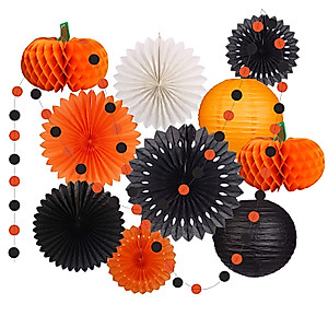 Halloween Party Decorations Supplies Kit Hanging Paper Lantern Tissue Paper Fan Pumpkins Round Garland for Halloween Party Night Thanksgiving Home Decor Indoor Outdoor