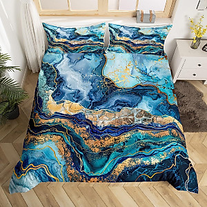 Marble Duvet Cover, 3D Print Grunge Fluid Golden Little Bit Stone Crack Gothic Impressionist Abstract Art Bedding Set, Decorative 3 Piece Comforter Cover With 2 Pillow Shams, Full Size,Teal Blue