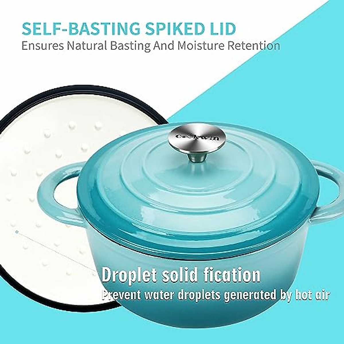 COOKWIN Enameled Cast Iron Dutch Oven, 5 QT Bread Baking Pot with Self Basting Lid, Non-stick Enamel Coated Cookware Pot, Great Christmas Gifts for Family, Teal