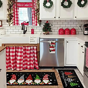 Christmas Kitchen Rugs Set of 2 - Buffalo Plaid Tree Gnomes Black Kitchen mat, Winter Holiday Party Low-Profile Floor Door Mat Merry Christmas Decorations for Home Kitchen - 17x29 and 17x47 Inch
