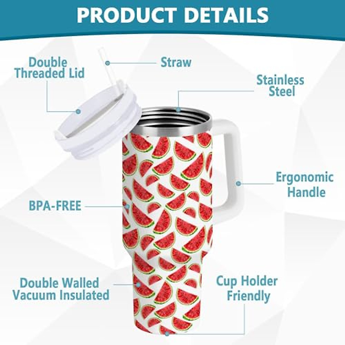 Wfrish Tumbler with Handle and Straw Lid,Vintage Red Watermelon Fruit 40 oz Insulated Coffee Cup Stainless Steel Water Bottle Travel Mug Cupholder Friendly,Gifts for Women Men