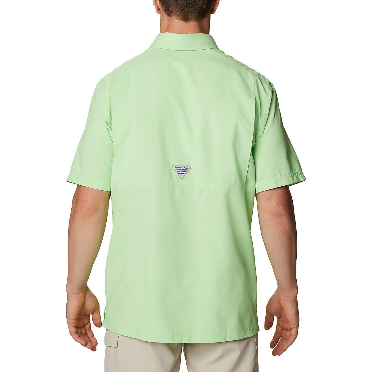Columbia Men's PFG Grander Marlin Woven Short Sleeve Shirt, Moisture Wicking, Sun Protection, Lime Glow, Medium