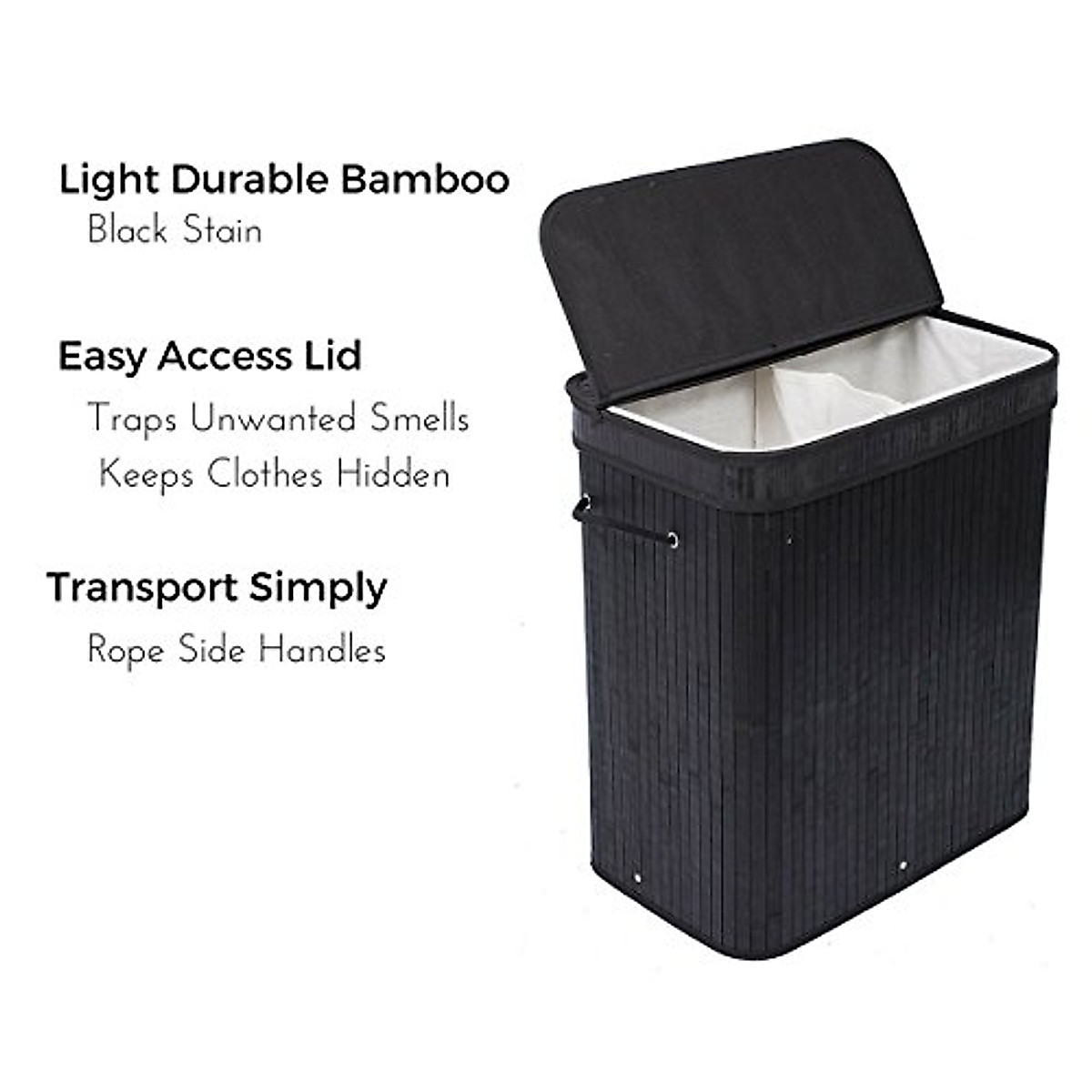 BIRDROCK HOME Double Laundry Hamper with Lid and Cloth Liner - Bamboo - Black - Easily Transport Laundry Basket - 2 Section Collapsible Hamper - String Handles