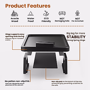 Tinamo Acacia Wood Sofa Armrest Tray - Large Sofa Arm Tray Table Clip - Couch Arm Table for Wide Couches - Wooden Side Tables for Small Spaces for Eating and Drink (Black, Large)