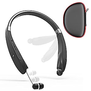 Bluetooth Neckband Headphones, Dpvisn Foldable Wireless Lightweight Neck Headset with Retractable Earbuds, Noise Cancelling Sweatproof Stereo Earphones with Mic & Carrying Case (Black)