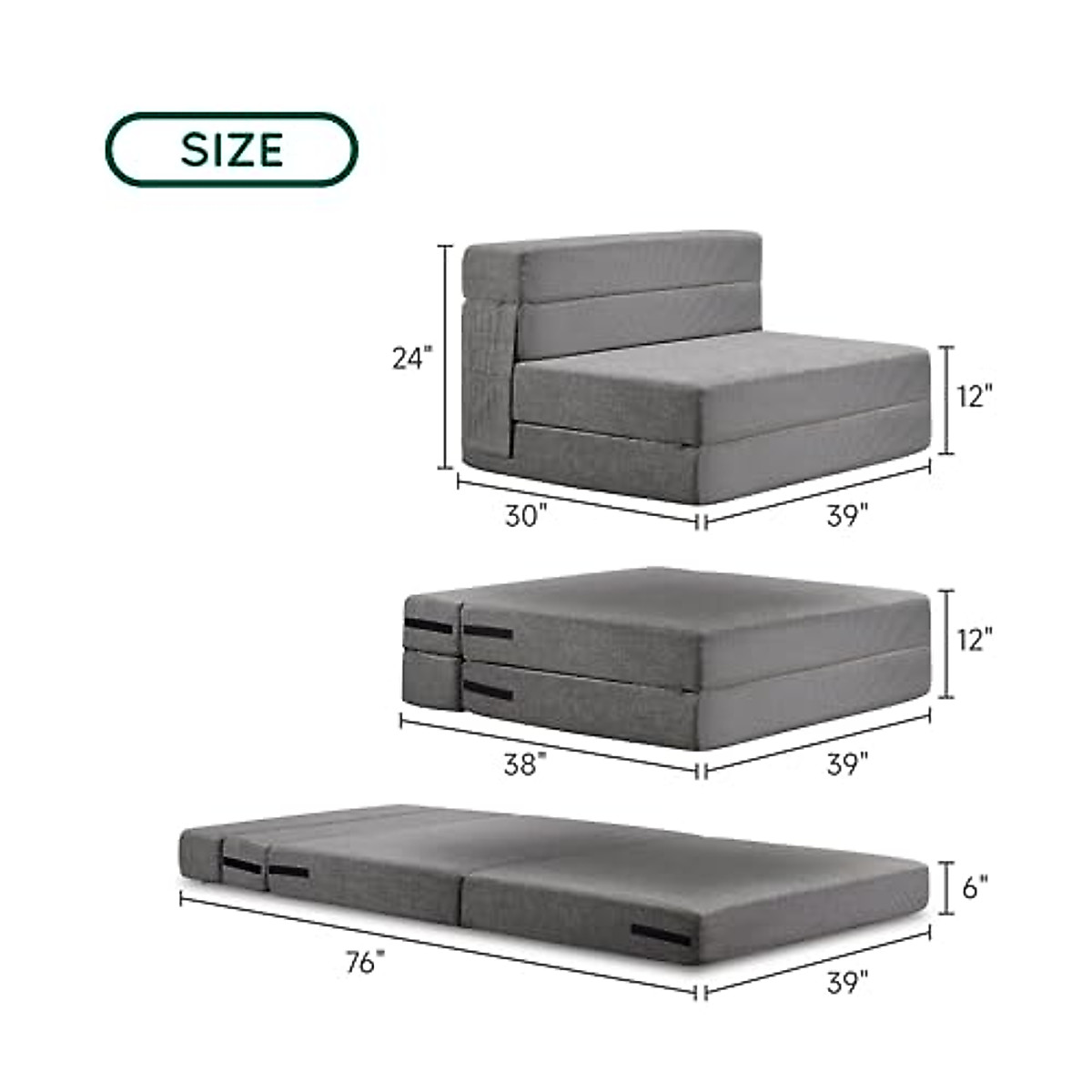 Z-hom Folding Sofa Bed, 6 inch Foldable Mattress Convertible Sleeper Chair Floor Mattress Couch, Convertible Sofa Bed with Pillow & Washable Cover for Room/Office/Dorm 76" x 39" x 6" (Light Grey)