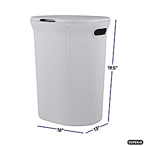 Superio Ribbed Collection - Decorative Plastic Laundry Hamper with Lid and Cut-Out Handles, White Smoke (1 Pack) Basket Organzier for Bedroom Bathroom College Dorm Room 40 Liter