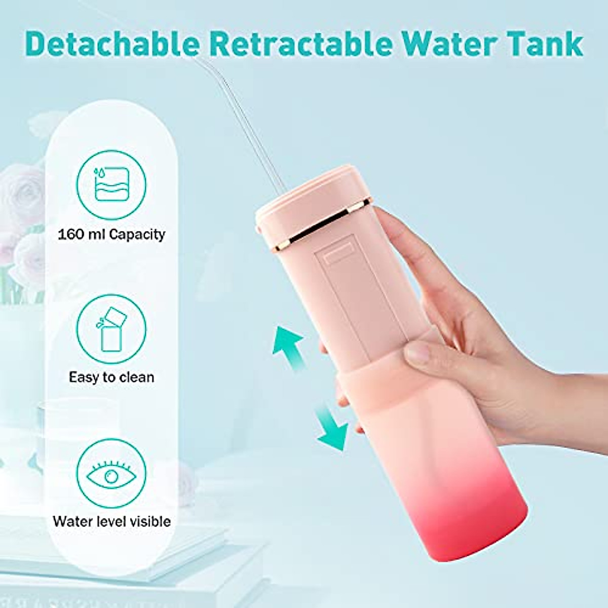 Matekxy Foldable Water Flosser, Cordless Rechargeable Oral Irrigator, IPX7 Waterproof 4 Modes Water Teeth Cleaner for Braces, Bridges Care, Home Travel Pink