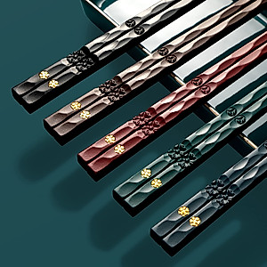 HELERKOL 5 Pairs Fiberglass Multicolor Dark Color Chopsticks Carved Gold Glitter Patch Chopsticks Reusable Non-Slip Lightweight Chinese Japanese Korean Chopsticks Dishwasher Safe, 9.6 Inch long