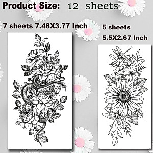 Tazimi 12 Sheets 3D Black Flower Temporary Tattoos For Women Rose Peony Flower Sketch Tattoos Stickers For Women Body Art