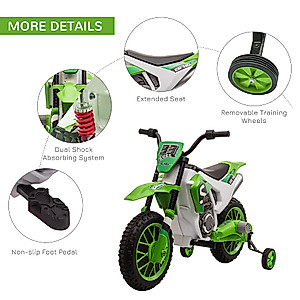Aosom 12V Kids Motorcycle, Electric Motor Bike, Battery-Powered Ride-On Toy with Charging Battery, Training Wheels, Green
