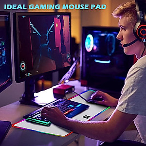 RGB Mouse Pad, Large Led Gaming Mouse Mat with 14 Lighting Modes, Smooth Waterproof Surface, Non-Slip Rubber Base, Computer Keyboard Mousepad (31.5 x 11.8 x 0.2 Inch, White)