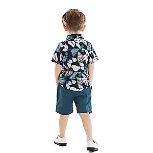 Joycebaby Toddler Baby Boys Clothes Outfits Hawaiian Aloha Short Sleeve Shirt and Pant Set(Navy Blue, 100/3T)