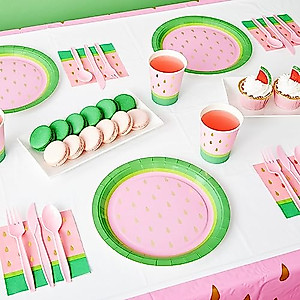 145-Pieces Pink Watermelon Party Supplies for Birthday, Baby Shower, Summer Decorations, Set includes Paper Plates, Napkins, Cups, Cutlery, and Tablecloth (Serves 24)