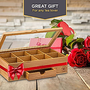 Bambüsi Bamboo Tea Box Organizer - Premium Wood Tea Chest with Slide-Out Drawer & Acrylic Window, Magnet Lid Keeps Teabag Fresh - Countertop & Cabinet Organization (Teabags Not Included) | Gift Idea