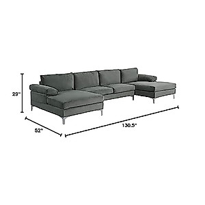 Casa Andrea Milano Modern Large Velvet Fabric U-Shape Sectional Sofa, Double Extra Wide Chaise Lounge Couch, Neutral Grey