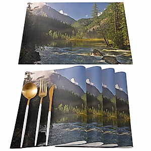 Placemats Set of 4, Flowing River and Pine Trees with Scenic Mountain Place Mats Dining Table Mat for Kitchen Washable Place Mats Heat-Insulation Non-Slip Plate Cup Mats for Table Decor, 13 x 19 Inch