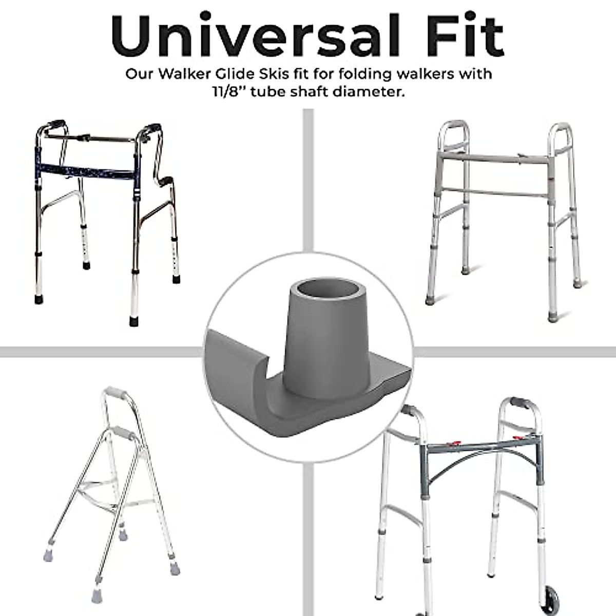 Walker ski Glides, Walker Glide Ski Heavy Duty Universal Fit, Two Pack, Gray, Easy to Use Rubber Walker Glides, Universal 1" Replacement Glide Caps Tool Free instaltion