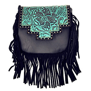 Western Genuine Leather Floral Tooled Fringe Womens Crossbody Bag 3 Color (Turquoise/Black)