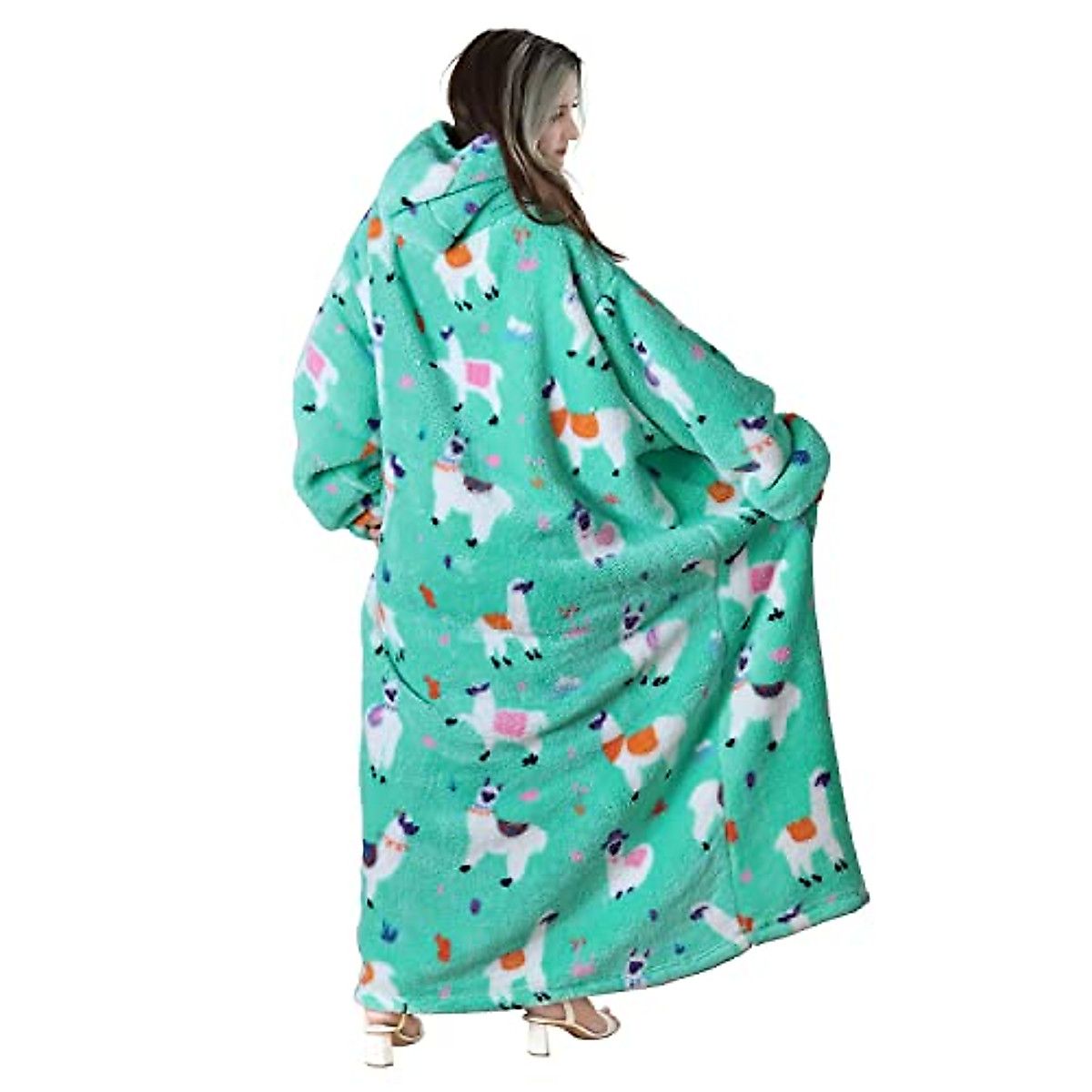 Queenshin Alpaca Oversized Hoodie Wearable Blanket Sweatshirt for Women, Warm Comfy Flannel Blanket Sherpa Lined Body Blanket, One Size for All