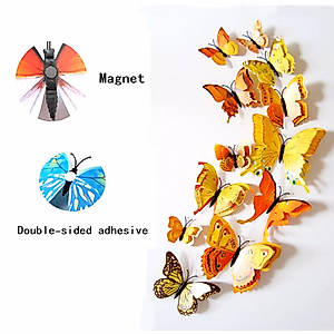 AKOAK 24 Pcs 3D Butterfly Wall Stickers, Double-Layer Wing Butterfly Art Decor Decals with Magnet and Double-Sided Adhesive for Room Home Nursery Decor,Yellow
