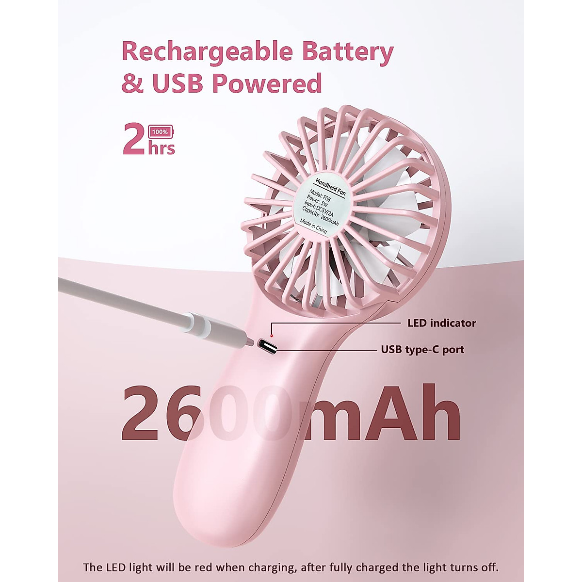 Zuvas Mini Handheld Fan 2600mAh Battery Operated Rechargeable Fan 3 Speed USB Powered Electric Fan Powerful Personal Fan Small Portable Travel Fan for Outdoor Indoor Makeup Eyelash with Lanyard, Pink