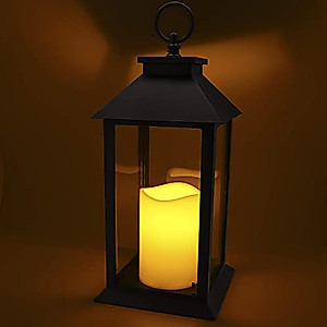 YAKii Hanging Glass Panes Lantern Portable Led Lantern Decorative Operated by 3AAA Battery Use for Garden Yard, Indoor Decoration Candle Lantern (Black)