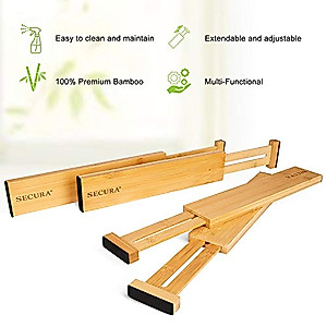 Secura 𝗕𝗮𝗺𝗯𝗼𝗼 𝗗𝗿𝗮𝘄𝗲𝗿 𝗗𝗶𝘃𝗶𝗱𝗲𝗿𝘀 𝗢𝗿𝗴𝗮𝗻𝗶𝘇𝗲𝗿 4-Pack, 𝗔𝗱𝗷𝘂𝘀𝘁𝗮𝗯𝗹𝗲 Drawer Separators Expandable from 12.0-17.1 inches for Kitchen, Office, Bathroom, Closet, Dresser