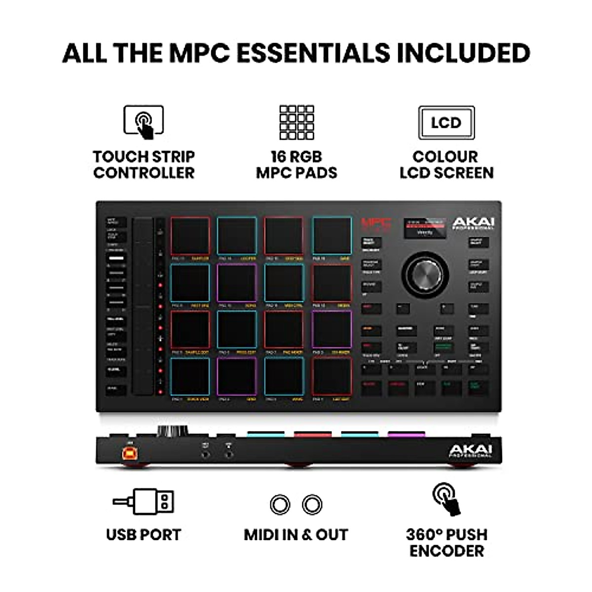 Akai Professional MPC Studio MIDI Controller Beat Maker with 16 Velocity Sensitive RGB Pads, Full MPC 2 Software, assignable Touch Strip & LCD Display