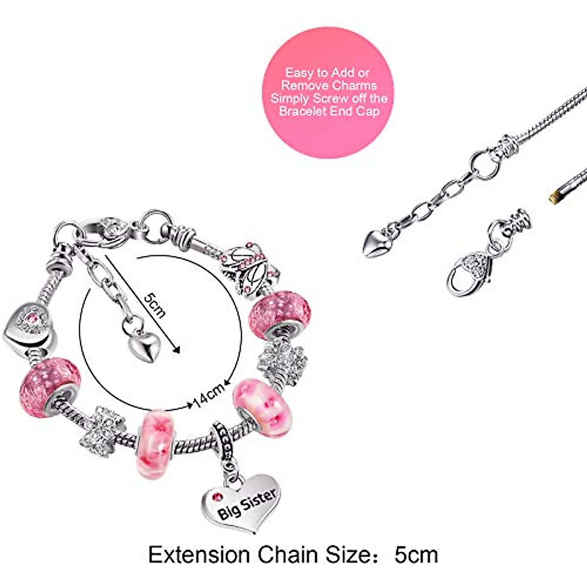 Hicarer Big Sis Gift Shiny Bracelet Crystal Charm Bangle Jewelry Wristband with Gift Box Set for Hers Lady(Pink Butterfly)